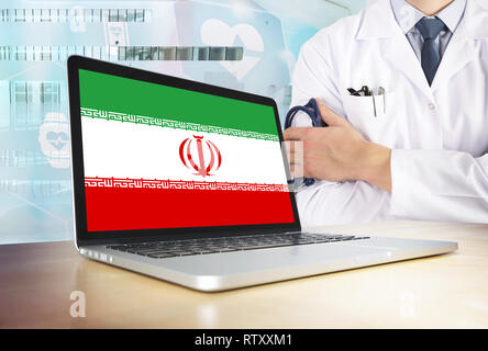 Iranian Doctor standing with stethoscope on Iran flag background ...
