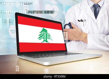 Lebanese Doctor standing with stethoscope on Lebanon flag background ...