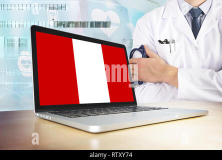 Peruvian Doctor standing with stethoscope on Peru flag background ...