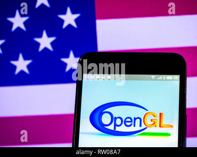 OpenGL - The Industry Standard for High Performance Graphics logo seen displayed on smart phone ...