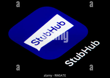A close-up shot of the StubHub app icon, as seen on the screen of a ...