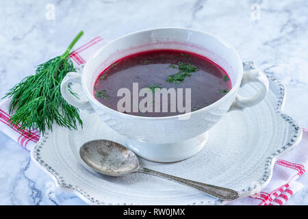 Red borscht - clear beetroot soup common in Eastern Europe and Russia ...