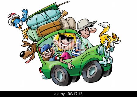 cartoon illustration of car loaded with family dog and luggage tied ...