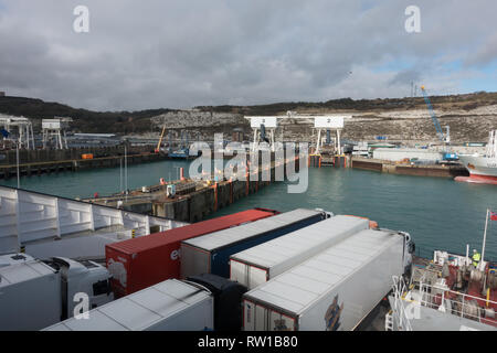 DFDS Ferry at entering Dover port with container lorries on the open ...