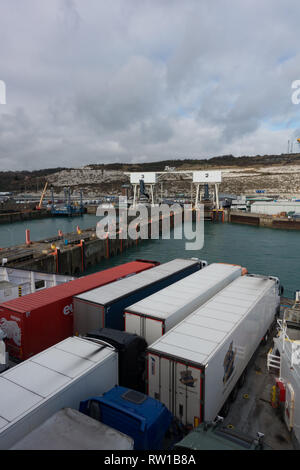 DFDS Ferry at entering Dover port with container lorries on the open ...