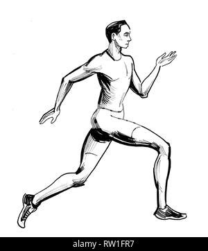 Running man. ink black and white illustration Stock Photo - Alamy