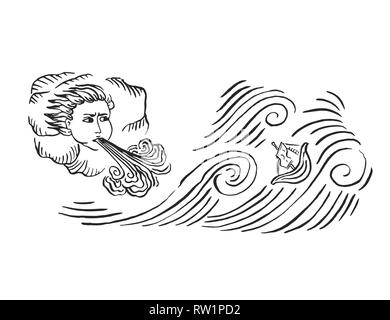 God of wind medieval ages style engraved illustration illuminated ...