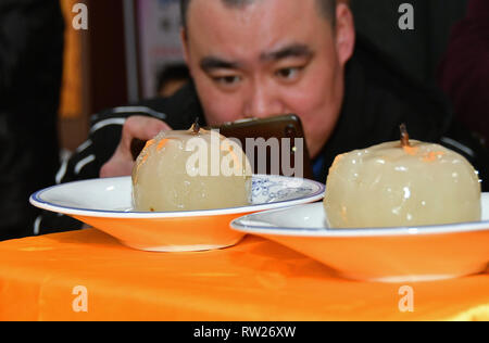 Yantai, China. 4th Mar, 2019. Various food can be seen at the Shandong ...