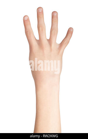 Hand doing,showing number four gesture symbol on blue summer sky nature ...