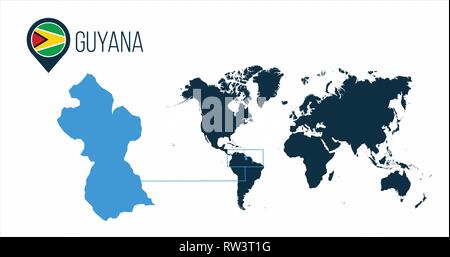 Location of Guyana on the world map, marked with Guyana flag pin. Cartographic vector ...