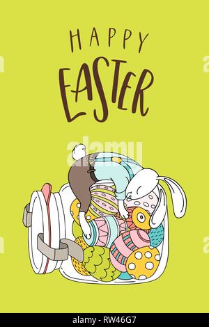 Happy Easter Greeting Card with Cute White Bunnies and Eggs Stock ...