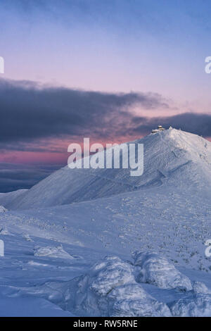 Late evening view of Snezka mountain landscape. Sunset over cold winter mountain landscape Stock ...