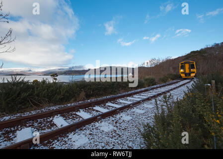 Scotrail Train on Kyle line at Erbusaig near Kyle of Lochalsh, Wester ...
