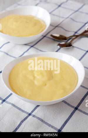 Homemade vanilla custard pudding, side view. Closeup Stock Photo - Alamy