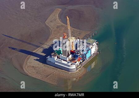 Aerial view, Mittelplate oil production island, North Sea, Schleswig ...