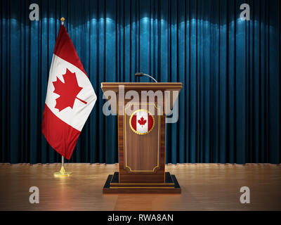 Press conference with flags of Canada and lectern against the blue ...