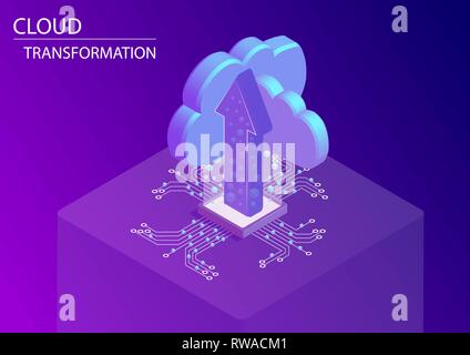 Cloud transformation concept with symbol of floating cloud and upload arrow as isometric 3d ...