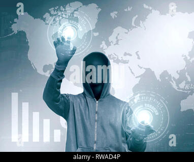 Hacker in black hoodie touching virtual screen with chart bar and world ...