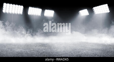 Sports arena with concrete floor with smokes and spotlights against ...