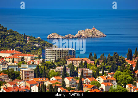Dubrovnik waterfront and Grebeni island lighthouse view, southern ...