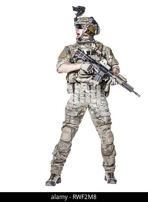 Elite member of U.S. Army rangers in combat uniform with his shirt ...