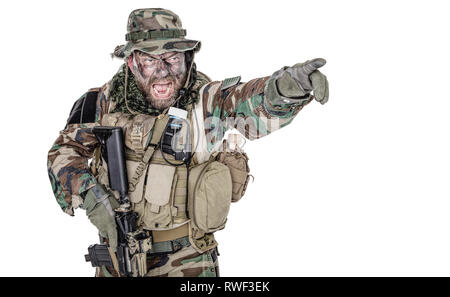 Army military soldier screaming, pointing attack direction Stock Photo ...