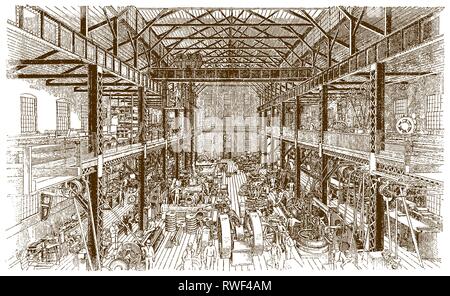 Interior view of a historic machine shop factory building (after an ...