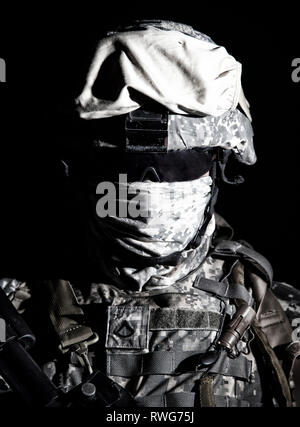 Shoulder portrait of army soldier, special forces fighter, modern ...