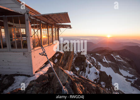 The restored fire lookout, constructed in 1932, on Three Fingers ...