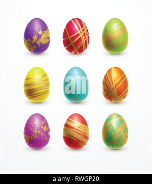 Easter painted golden eggs Vector realistic collection. Abstract ornamented cute design. 3d ...