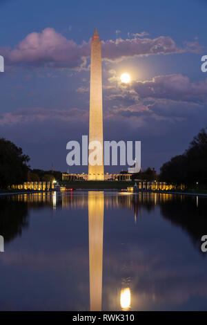 Washington Monument and moon at dusk with reflection in the tidal basin ...