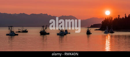 Seiner anchored in Amalga Harbor at sunset awaiting a commercial salmon ...