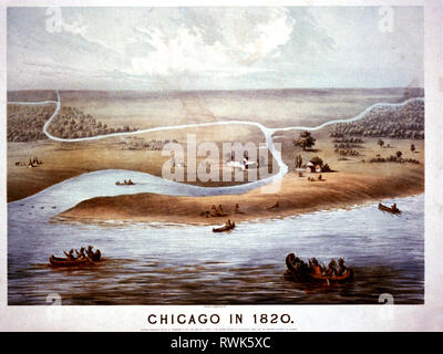 Print showing Native Americans in 1820 engaged in fur trading near the ...