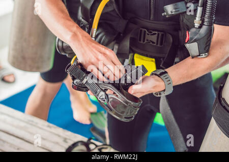 Scuba diver prepares gear at Blue Hole, Santa Rosa New Mexico USA Stock ...