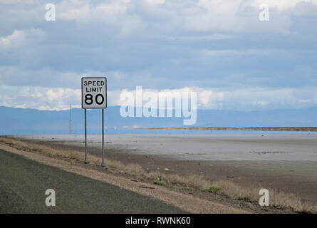 Highway Speed Limit 80 mph sign on the I-80 West through Bonneville ...