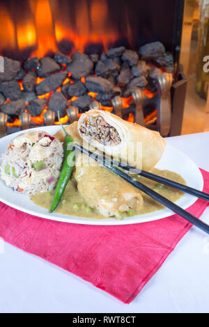 Chinese style Beef spring roll with Egg fried rice and curry sauce ...