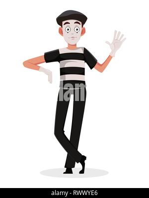 Mime cartoon character performing pantomime, set of six poses. Flat ...
