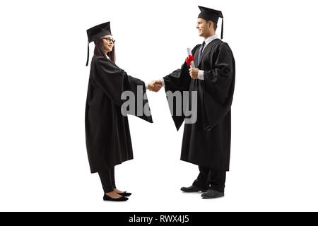 Shaking hands, graduation and certificate for college student with ...