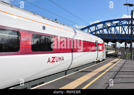 Class 800, LNER Azuma train in snow, East Coast Main Line Railway, Peterborough, Cambridgeshire ...