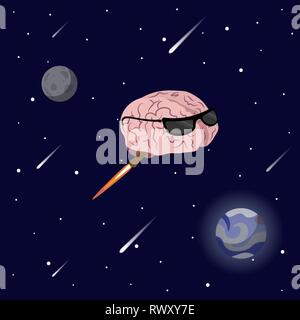 Cartoon human brain fly in sky as super hero. Clever central nervous ...