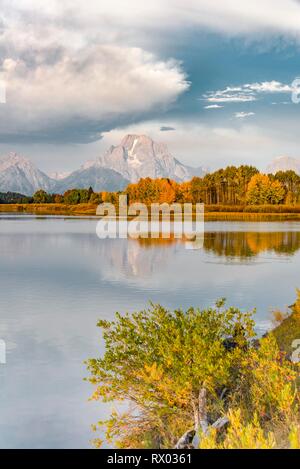 Teton Range, Mount Moran in center, flock of ducks at Oxbow Bend on ...