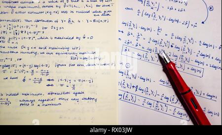 Fountain pen on lecture notes and exercises, mathematics, complicated ...