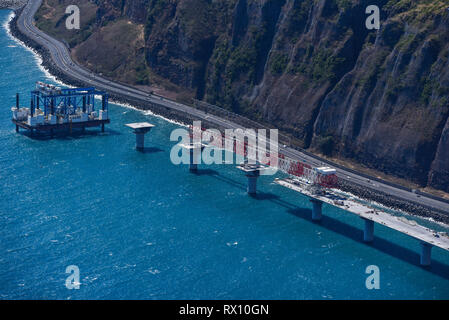 Reunion Island, aerial view of the construction site of the new divided ...