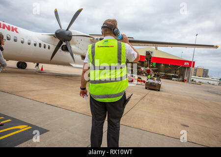 Qantas passenger plane in flight over Sydney International Airport, New ...
