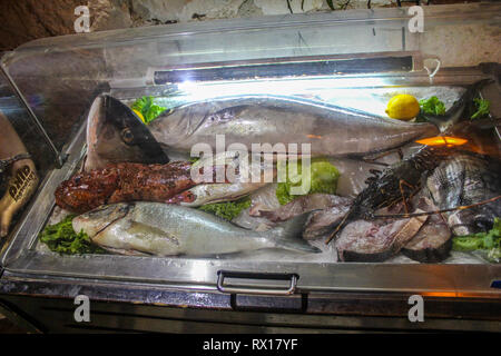 Seafood on display in front of restaurant in Rethymnon Crete Greece ...