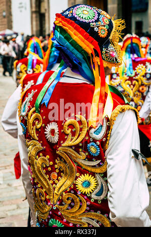 Inti Raymi, festival of the sun, decorated llama at the fortress wall ...