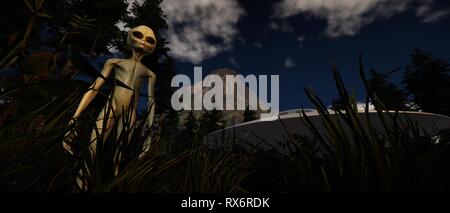 A character in an alien landscape, future scape abstract science ...