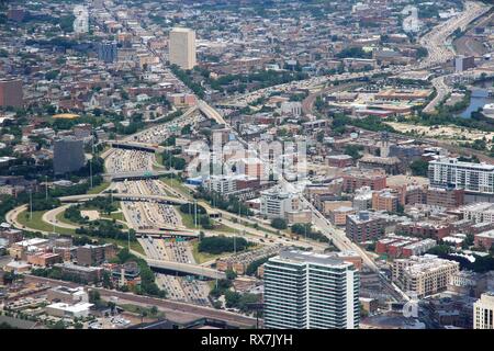 Aerial view of Chicago downtown and the I-90 from the southwest facing ...