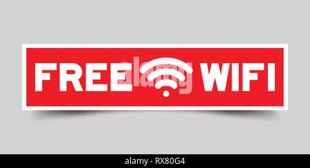 Red and white color free wifi with signal icon sticker on gray ...