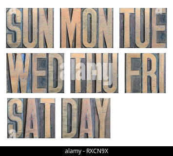 weekdays abbreviation set made from metallic letterpress on white ...